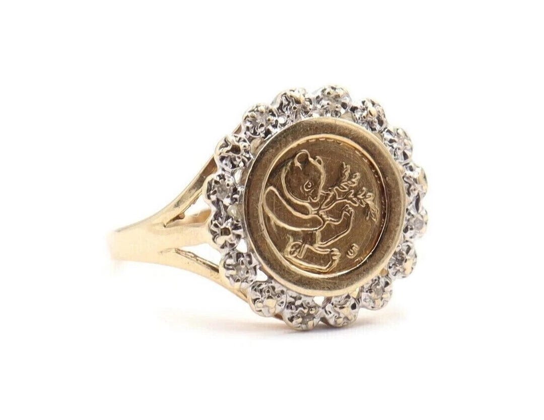 Chinese Panda Coin Ring, Lucky Charm Ring, Eight Stone Halo Ring, Round ...