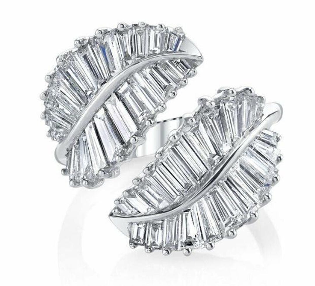Palm Leaf Inspire Ring, Bypass Shank Ring, Baguette Cut CZ Stone ...