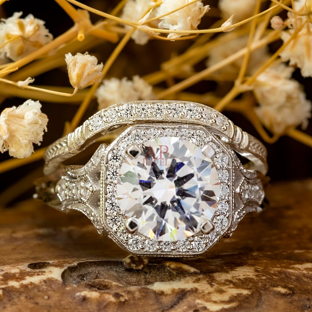 Circa 1930's Vintage Ring Set, Round Cut CZ & Moissanite Diamond Art ...