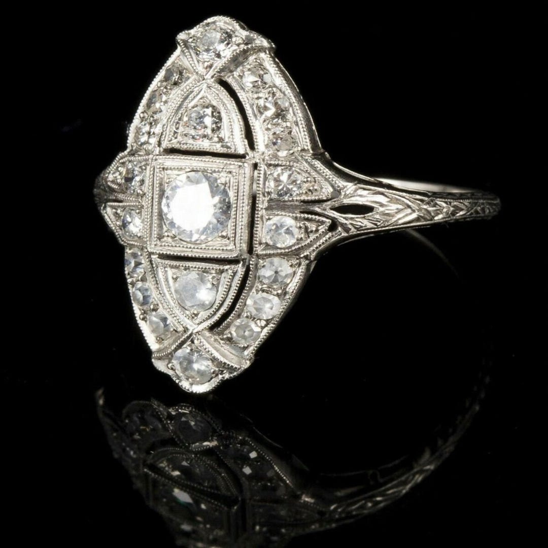 Vintage Style Three Stone Ring, Round Moissanite Diamond Art Deco ...