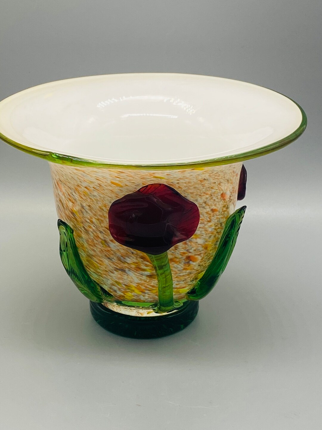 Abstract Speckled Incased Art Glass Vase Bowl Hand Blown Attached ...