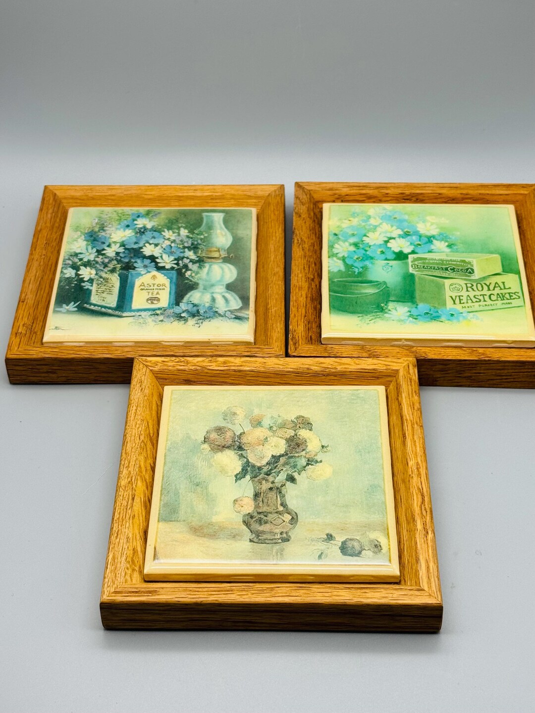 3 MCM Ceramic Art Tiles Oak Framed # KIMBERLY ENTERPRISES Floral Wood ...