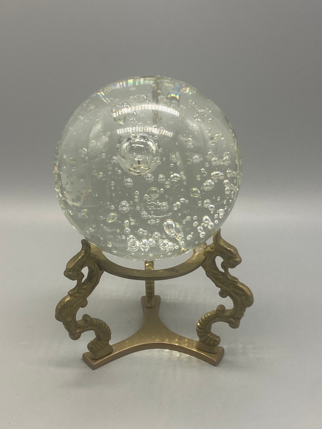 Vintage Crystal Ball With Aged Brass Stand,, Crystal Paperweight ...
