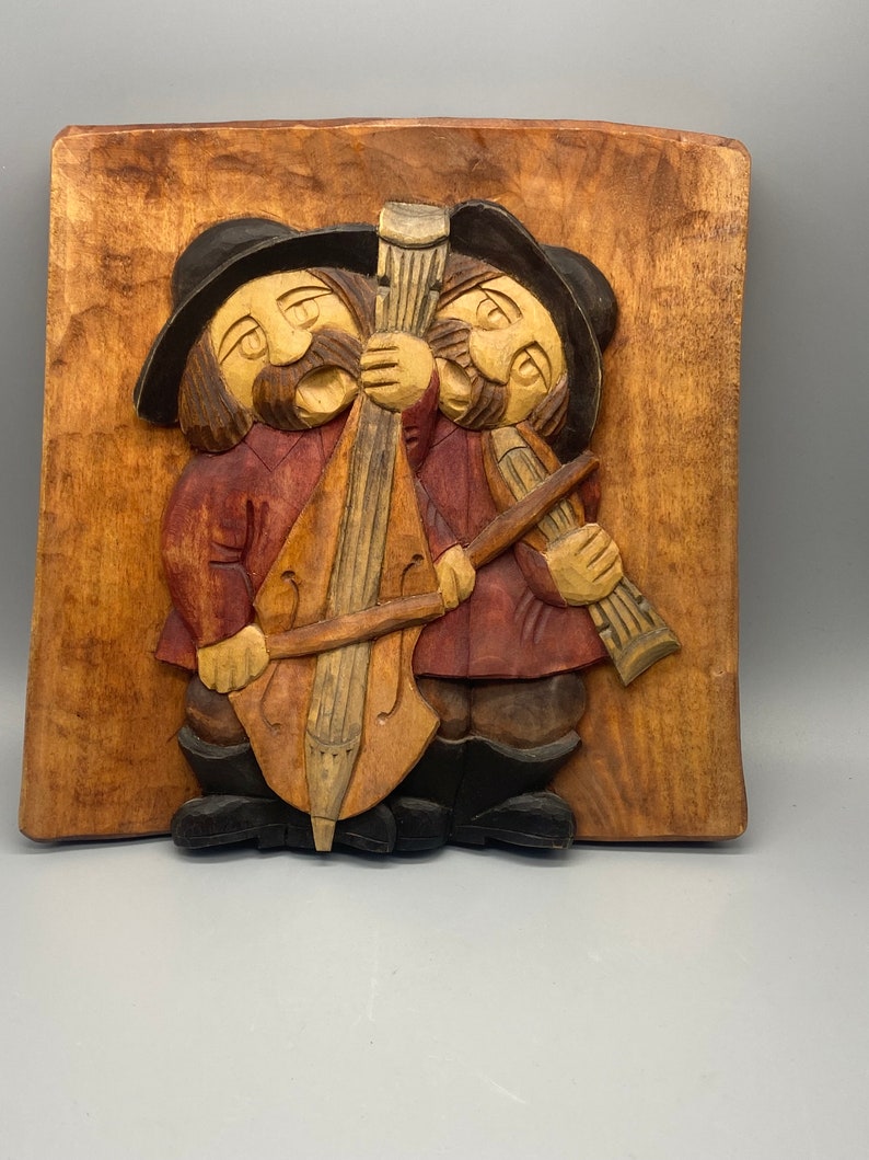 Vintage Hand Carved Wood Plaque Musicians MCM - Etsy