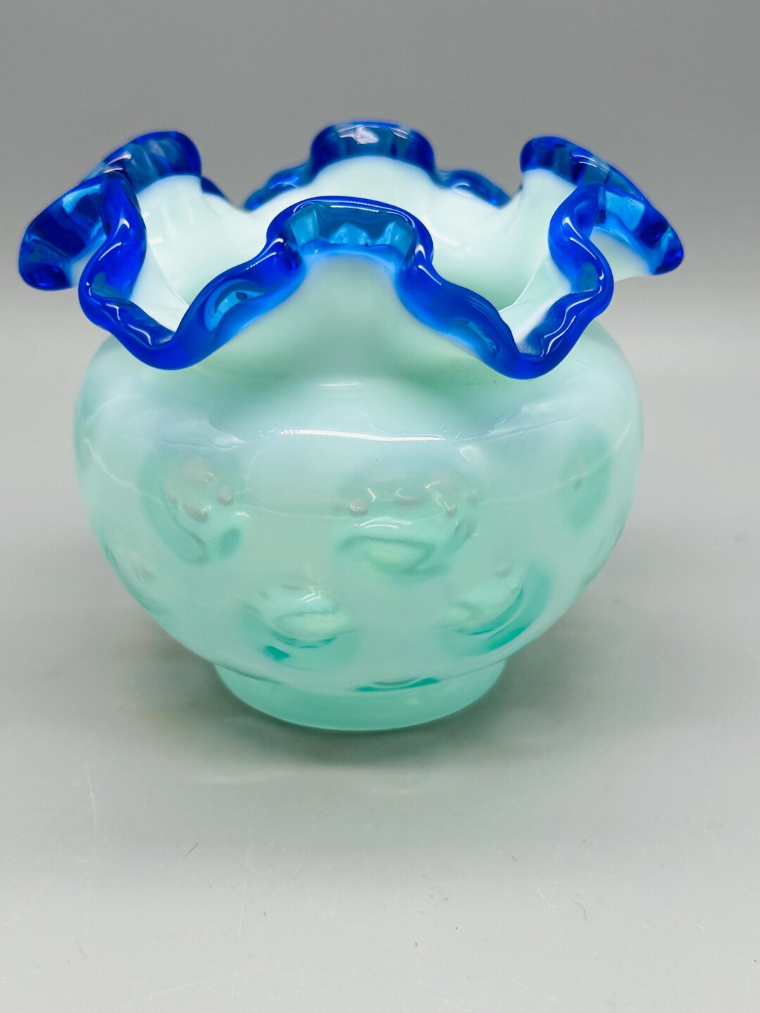 Fenton Opaline Coin Dot Rose Bowl With Cobalt Blue Edge Marked Sticker ...