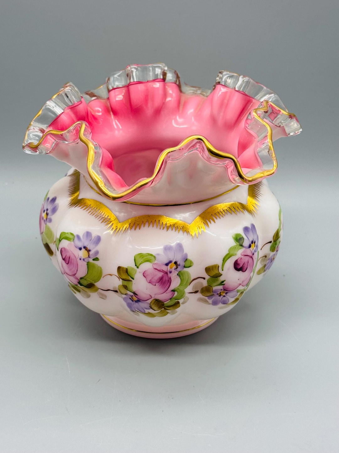 Fenton Peach Crest Melon Shape 5 1/4" VASE W/CHARLETON DECORATION - Etsy