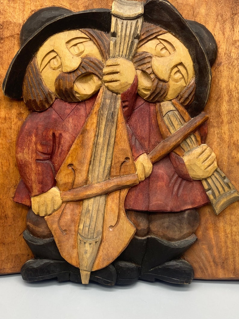 Vintage Hand Carved Wood Plaque Musicians MCM - Etsy