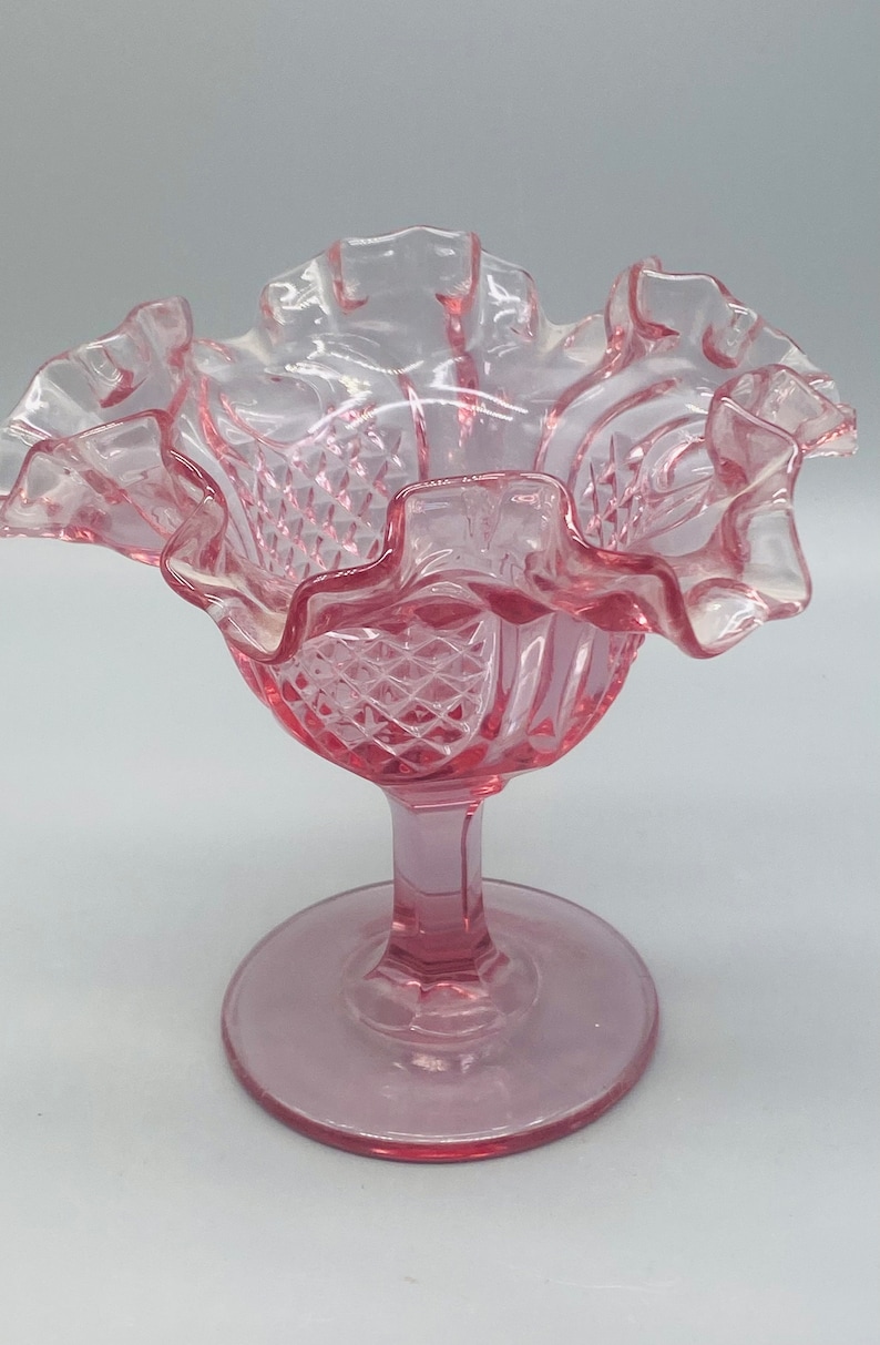Vintage Fenton 1960s Ruffled Pink Cranberry Glass Pedestal Candy Dish 6 ...