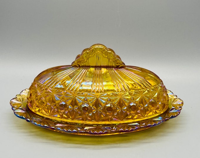 Vintage Fenton Marigold Carnival Glass Covered Butter Dish - Daisy and ...