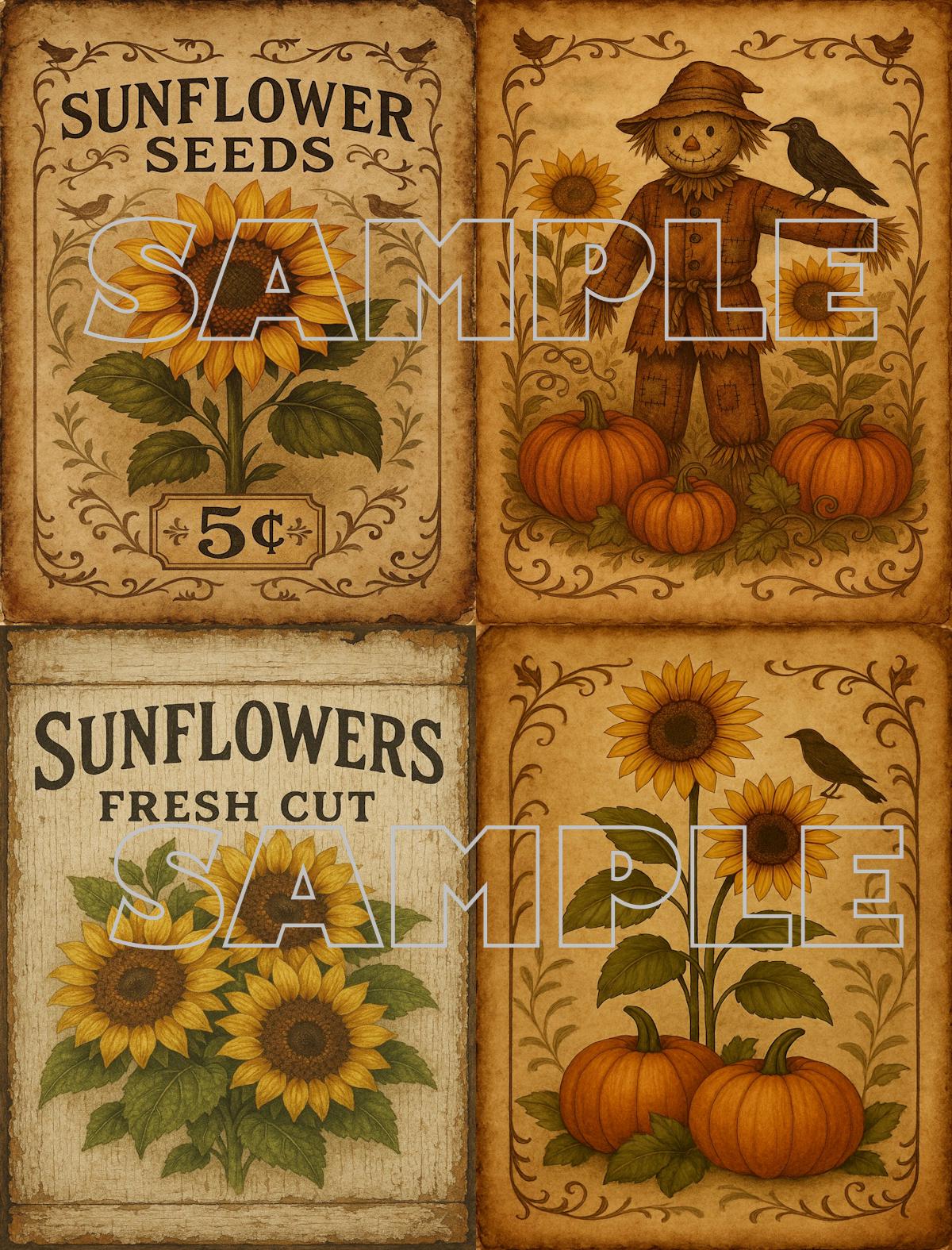 Harvest Prints, Fall Prints, Sunflower Prints, 24 Vintage Prints, PDF ...