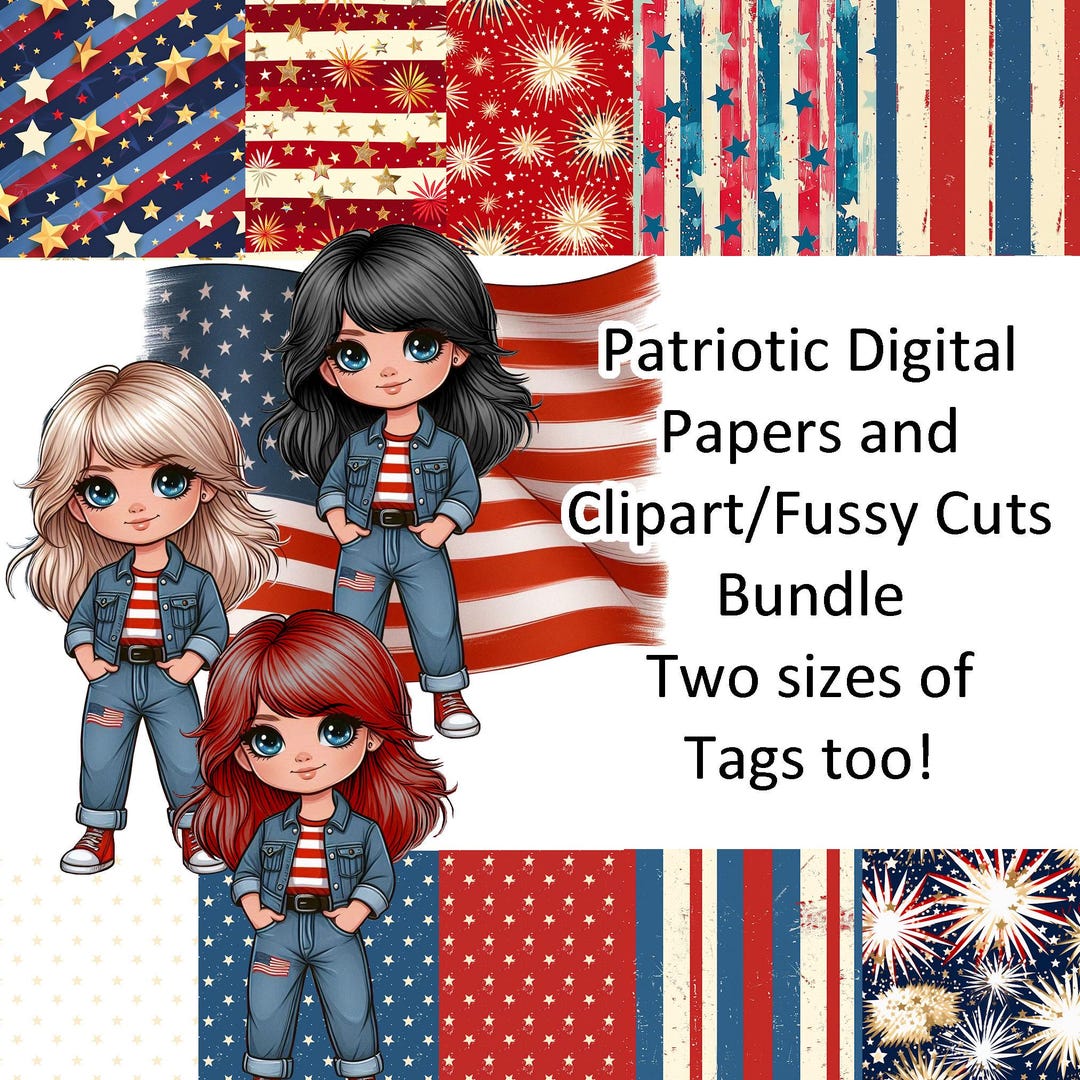 Patriotic Paper and Clipart Bundle, Americana, Fussy Cuts, Digital ...
