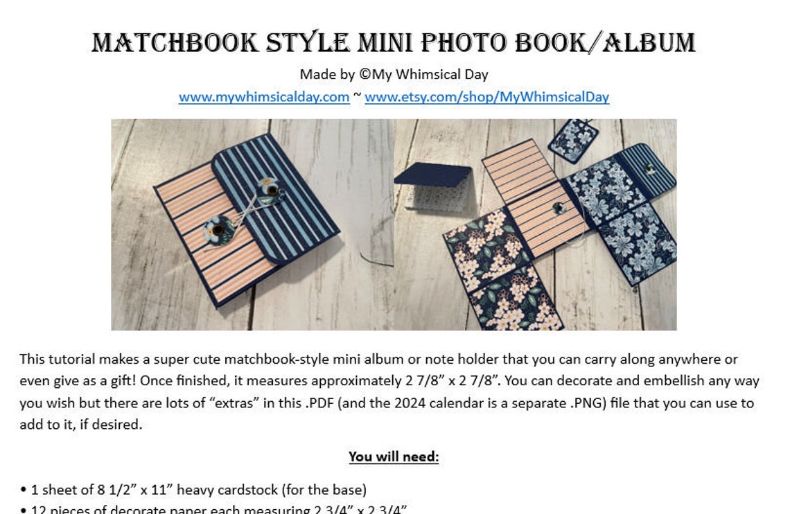 Matchbook Mini Photo Album Tutorial, 2024 Calendar (PDF & PNG) - Etsy