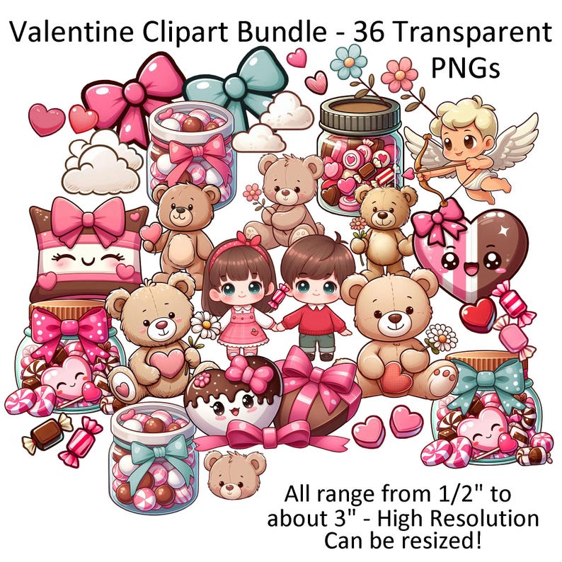 Valentine's Day Clipart: Teddy Bear & Heart PNG Graphics (digital ...