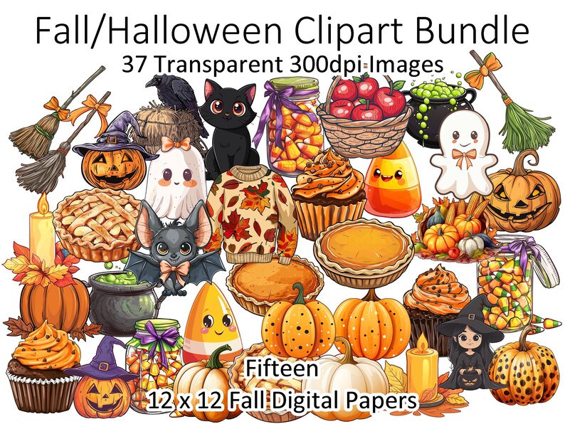 Fall Halloween Clipart Bundle: Transparent Images & Digital Papers ...