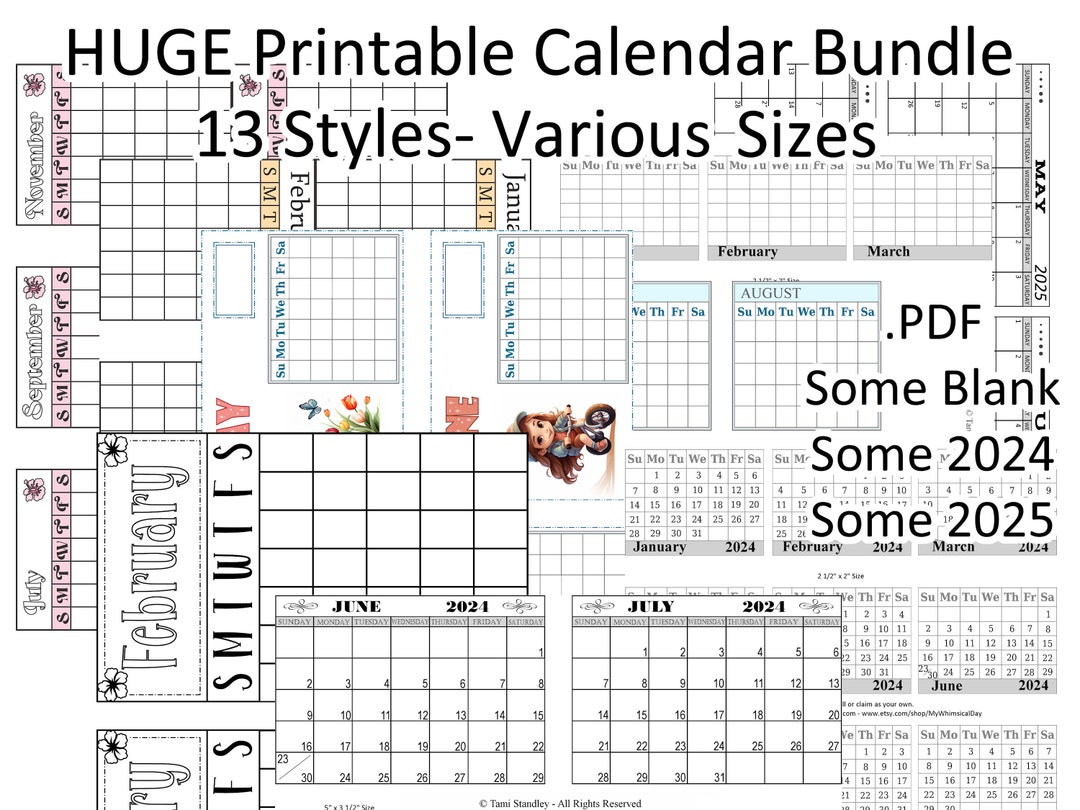 Calendar Printable Bundle - 13 Styles, Sizes, Blank Calendar, 2024 ...