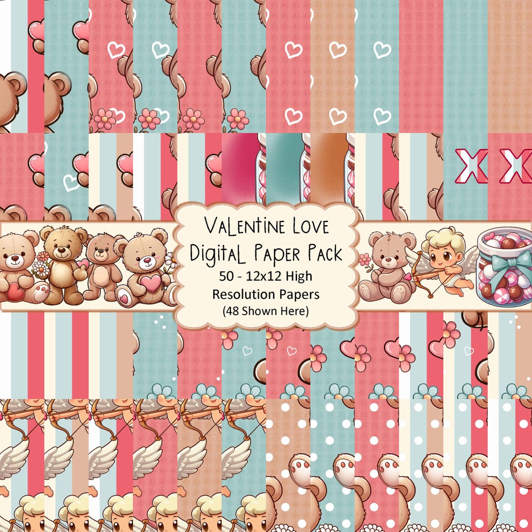 HUGE Valentine Paper Pack, Digital Paper, 50 12x12 Papers, Valentine ...