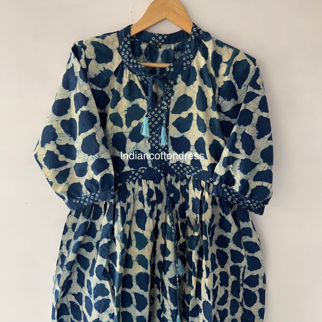 Plus Size Indigo Block Print Cotton Dress,handmade Dress ,sketer Circle ...