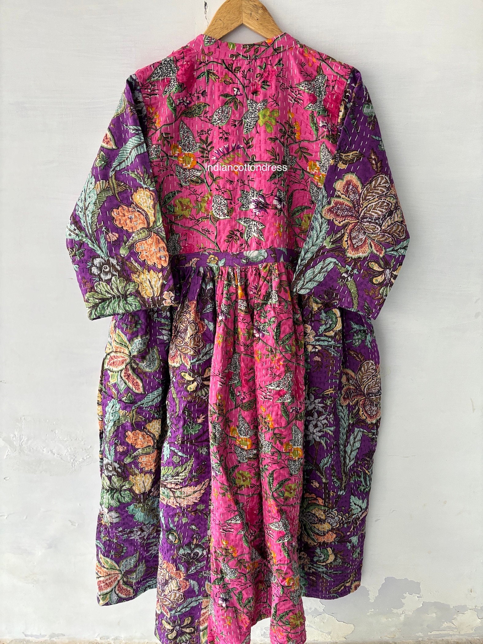 New Pink Patchwork Kantha Work Cotton Dress, Winter Cotton Dress ...