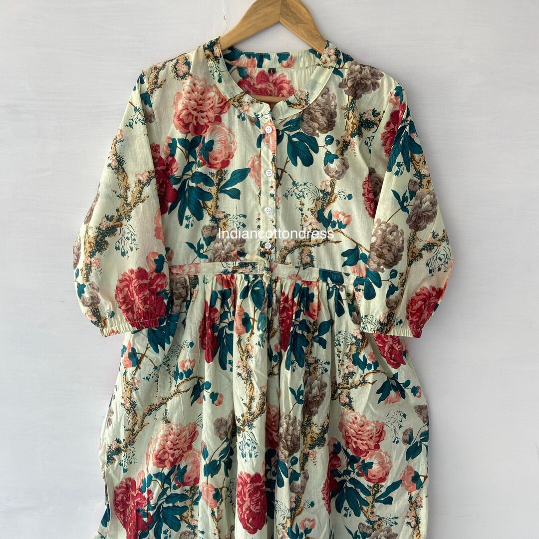 Block Print Multi Floral Bohemian Mini Maxi Dress - Henley Neckline ...