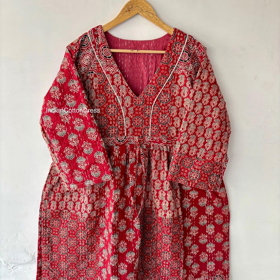 Kantha Red Quilted Dress,indian Kantha Work Dress, Blousen Dress, Gown ...