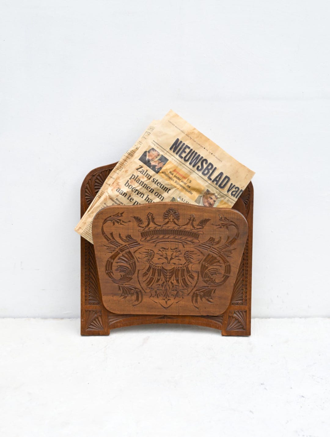 Antique Hand Carved Wooden Newspaper Rack – Vintage Magazine Holder ...