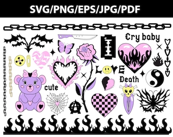 Emo Goth Punk Hearts Set Vector Eps, Svg, Png Clip Art - Etsy