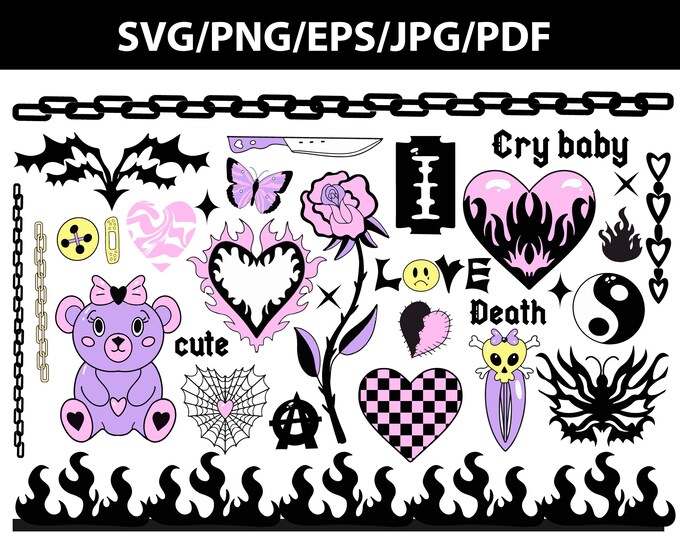 Cute Emo Goth Set Y2k Vector Svg,png Clip Art - Etsy