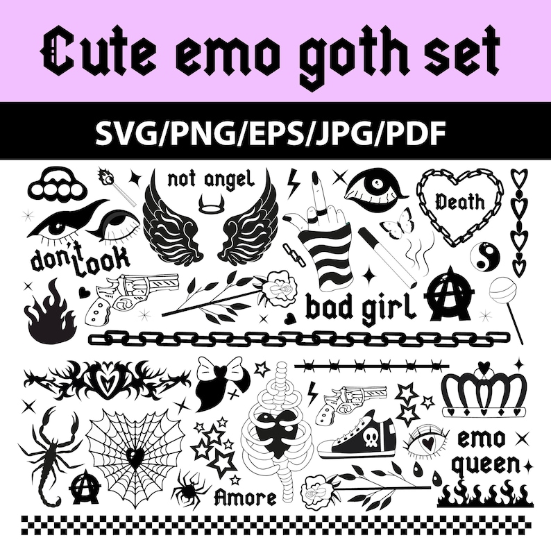 Cute Emo Goth Anarchy Tattoo Set Y2k Vector Svg,png Clip Art - Etsy