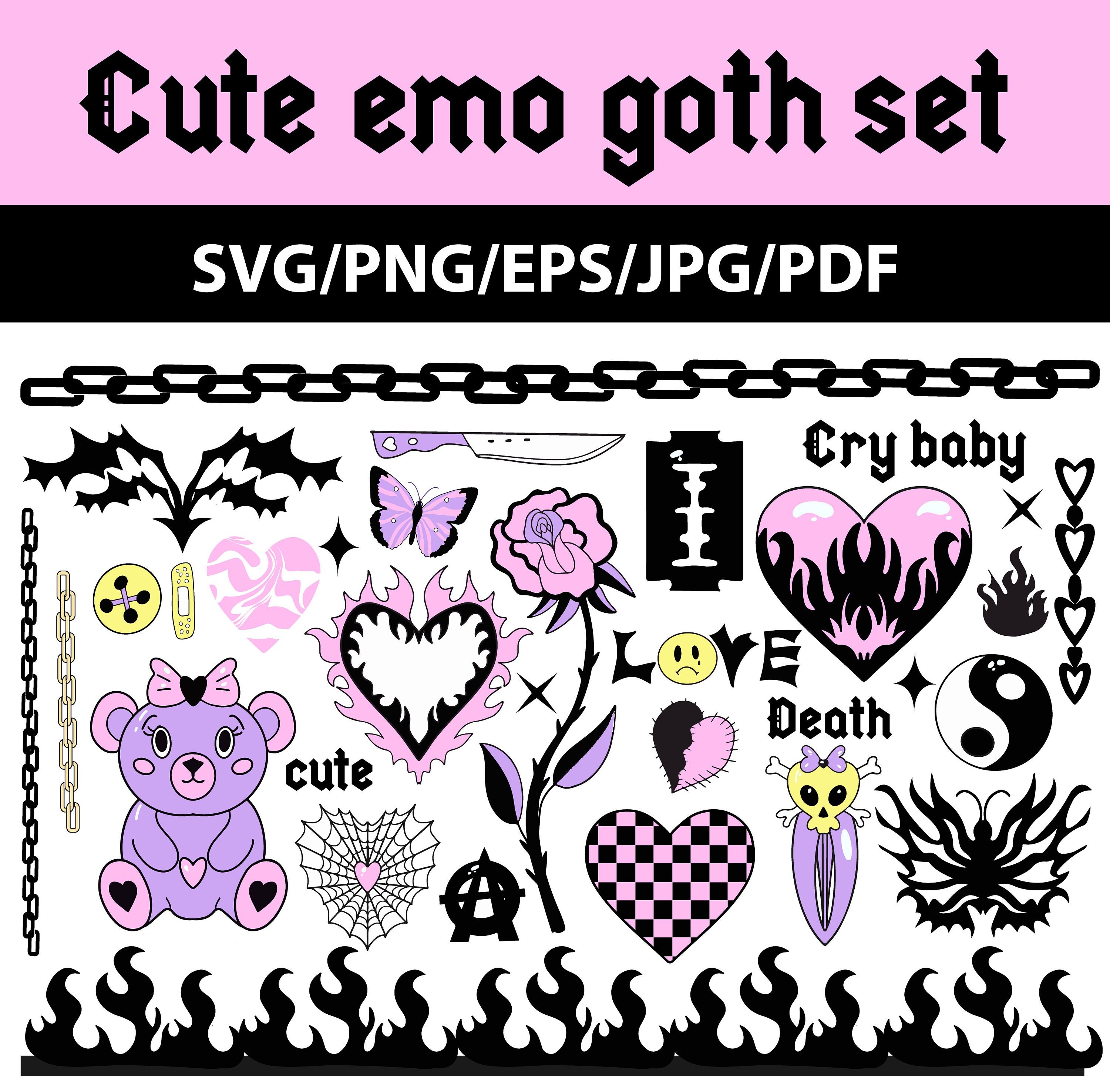 Cute Emo Goth Set Y2k Vector Svg,png Clip Art - Etsy
