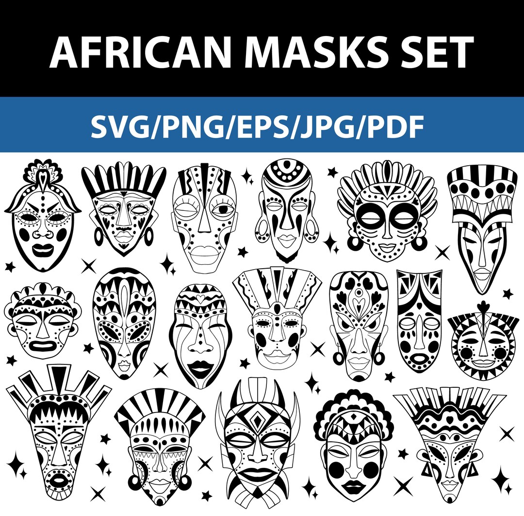 African Tribal Mask Clipart Bundle – Hand Drawn Vector Faces – Ethnic ...