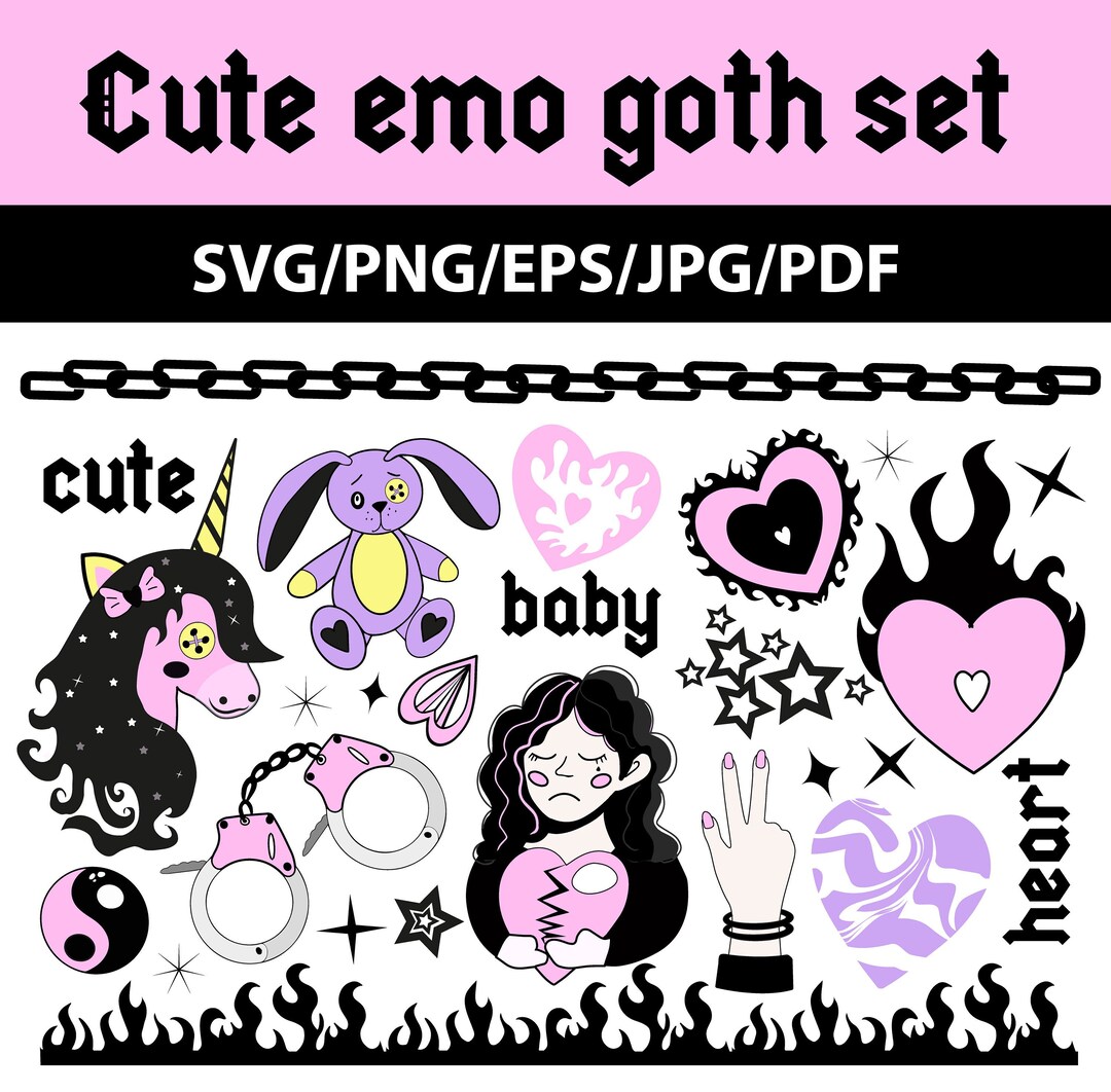 Cute Emo Goth Set Y2k Vector Eps, Svg, Png Clip Art - Etsy