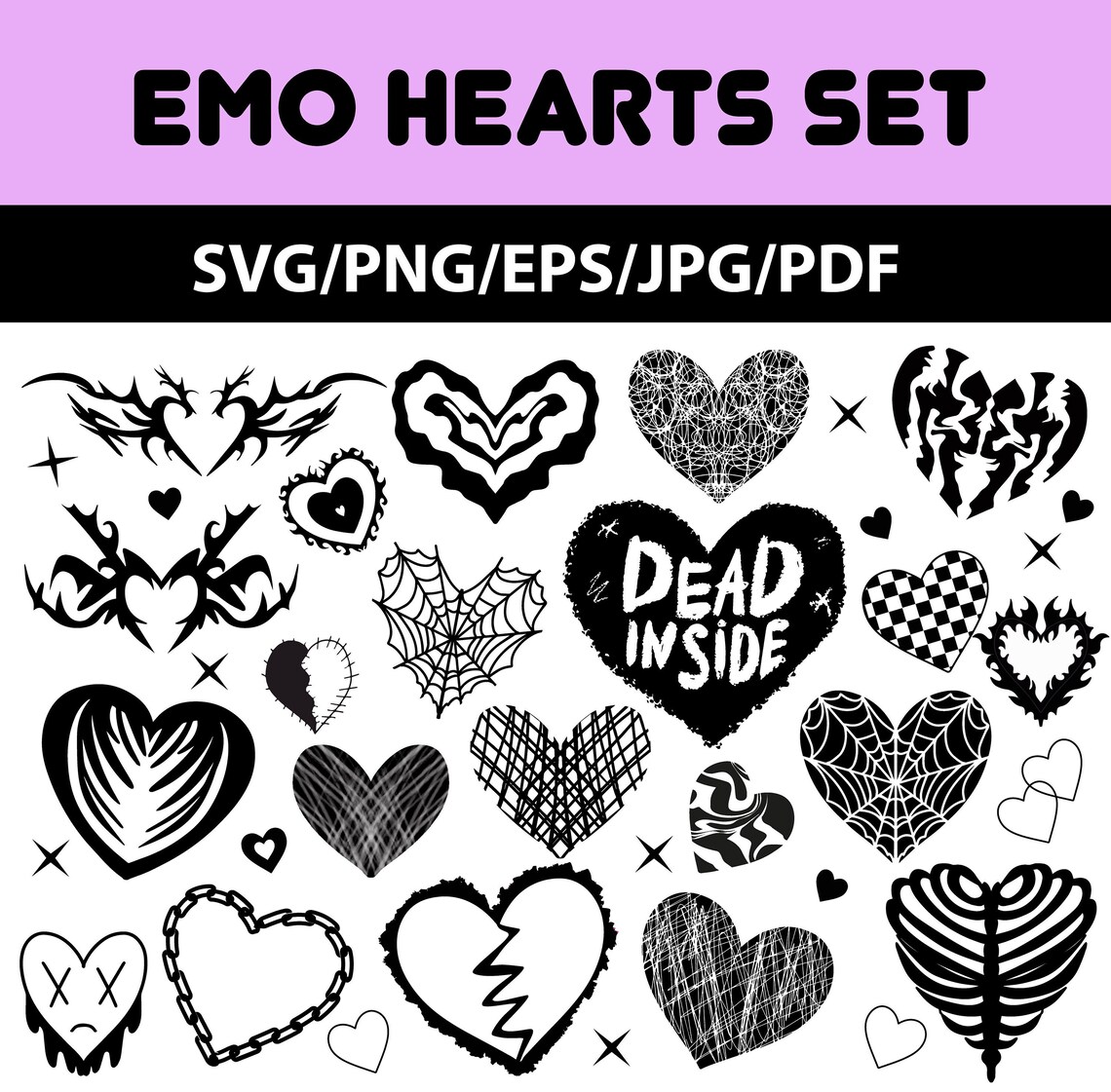 Emo Goth Punk Hearts Set Vector Eps, Svg, Png Clip Art - Etsy