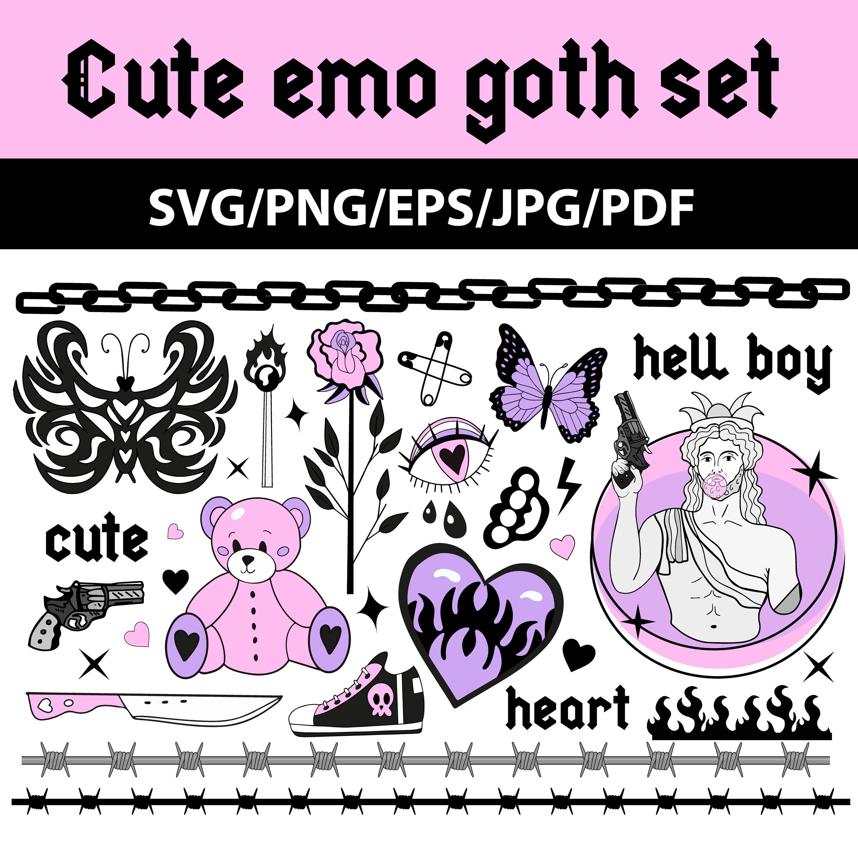 Cute Emo Goth Set Y2k Vector Svg,png Clip Art - Etsy