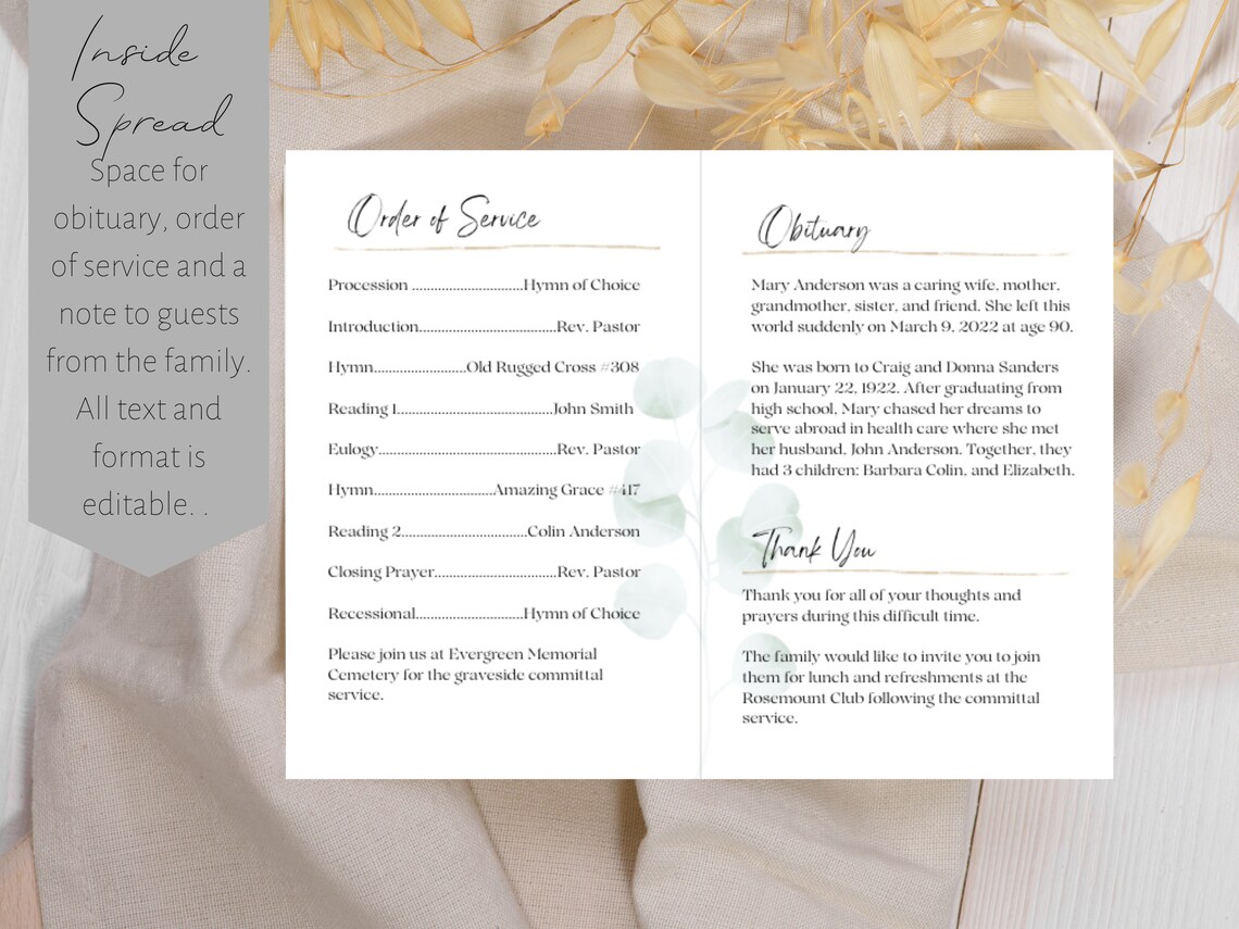 Funeral Program | Obituary Template | Memorial Program | in Loving ...