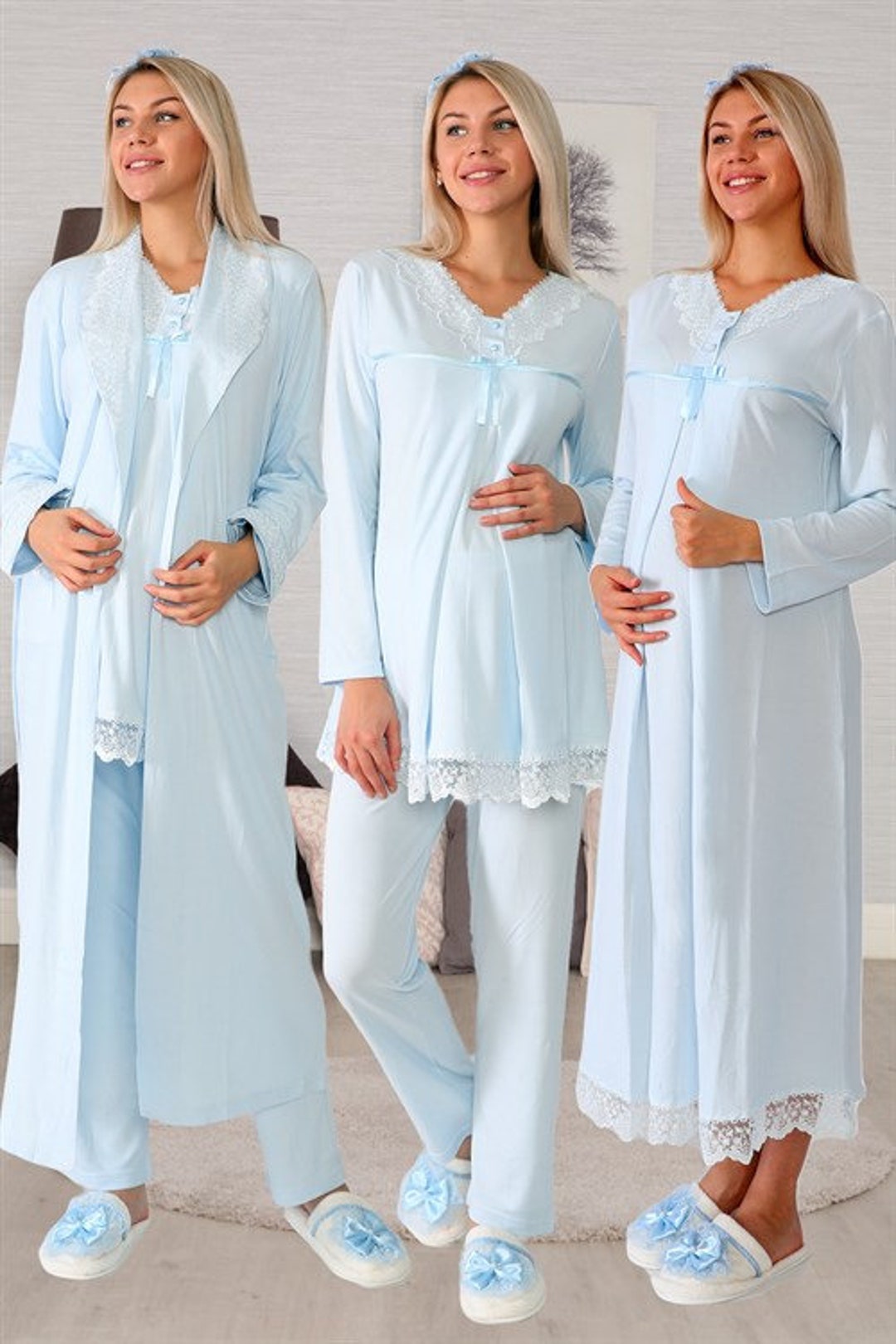 Lohusahamile 6036 Blue Maternity Pajamas Maternity Nightgown Set With ...