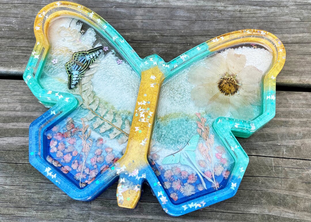 Large Blue, Teal and White Butterfly Shape Tray With Real Flowers and ...