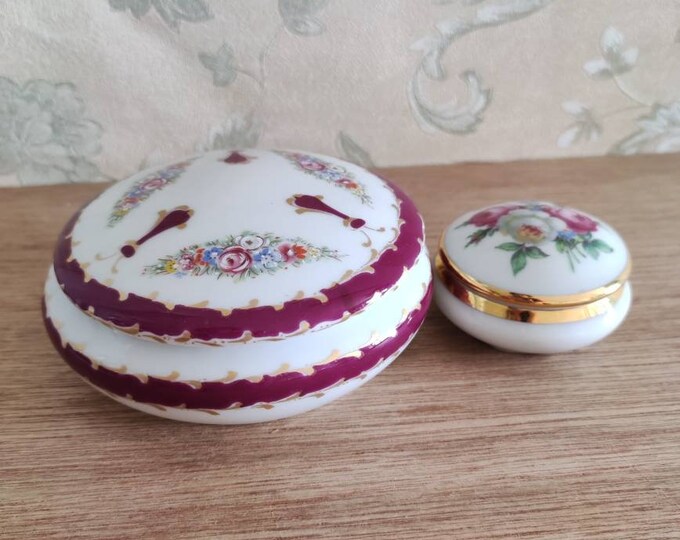 Limoges Porcelain Vintage Set Mirror and Floral Powder Compact Goummot ...