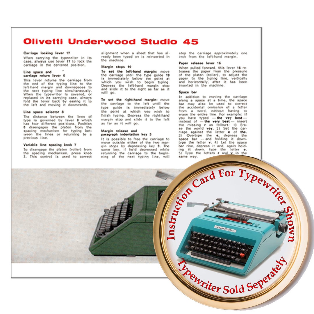 Olivetti Studio 45 Typewriterser User Instruction Card - Etsy