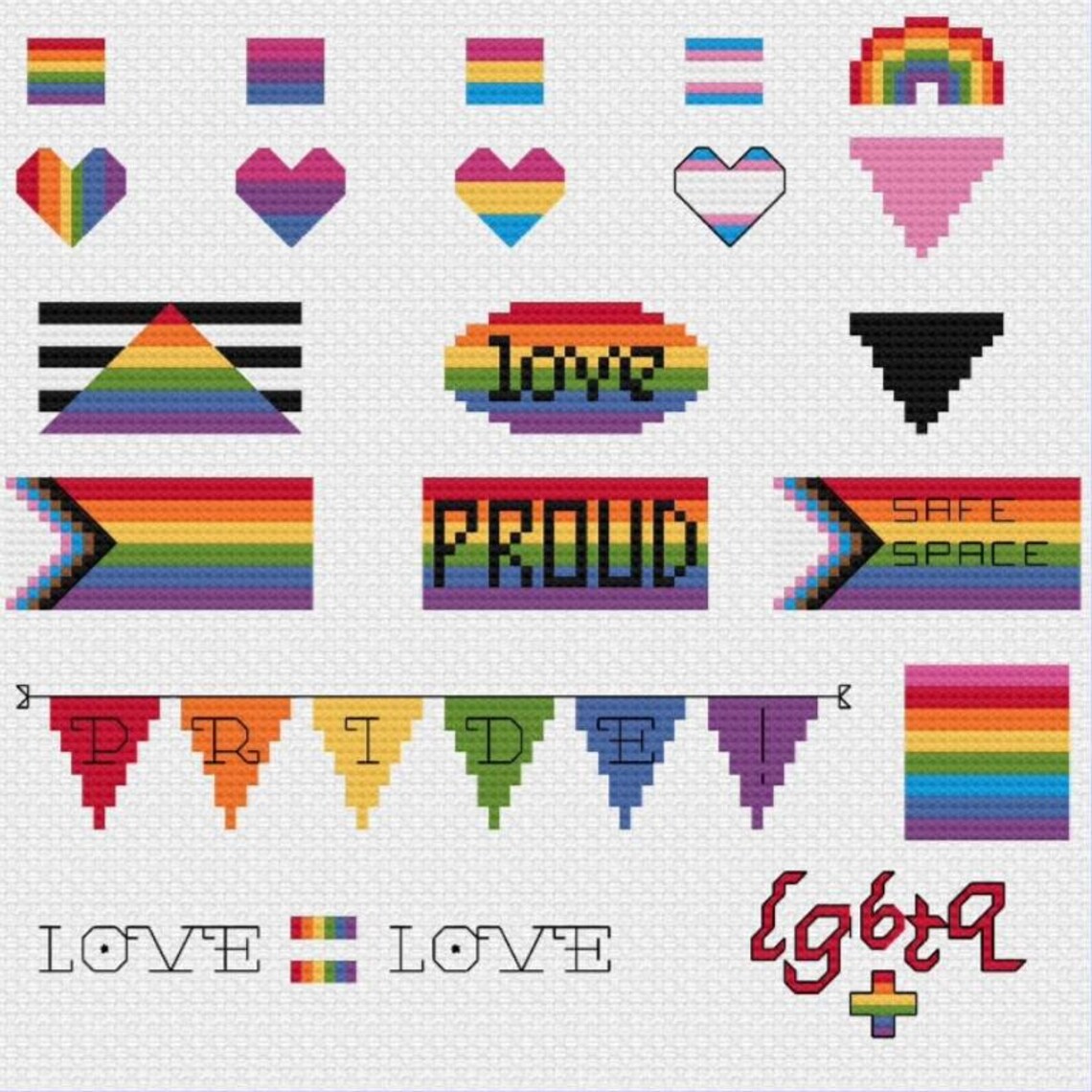 Pride Pack - 20 Mini Cross Stitch Patterns, LGBTQ+, Rainbows, Bunting ...