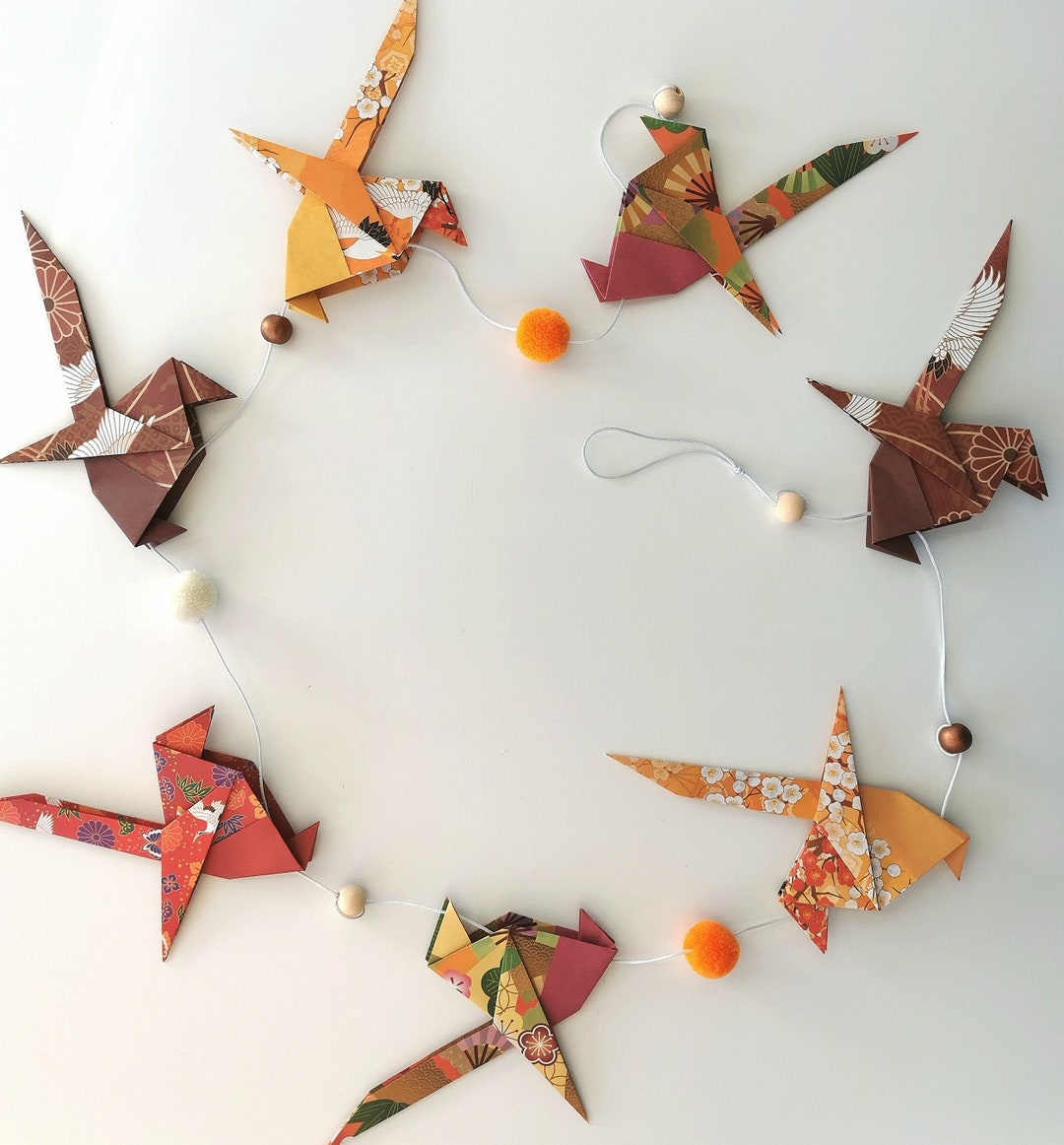 Decorative ORIGAMI Chickadee Garland With Pompoms Nature Inspired ...