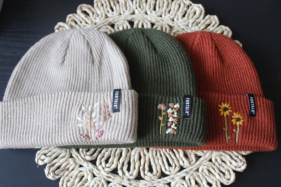 Beanie, Hand Embroidered Hat, Floral Beanie, Fisherman Beanie, Neutral ...