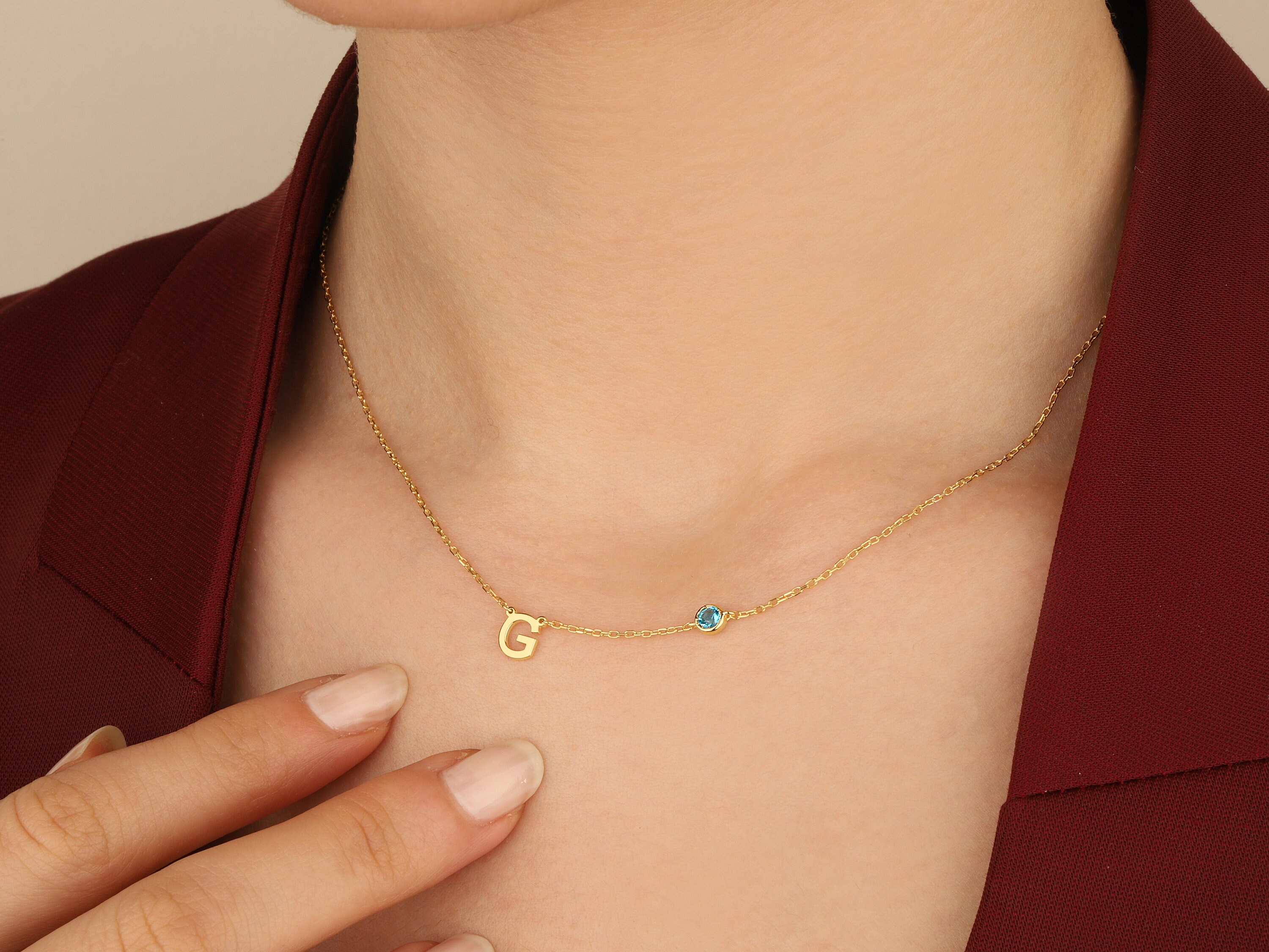 Initial Necklace With Birthstone Silver Initial Necklace - Etsy