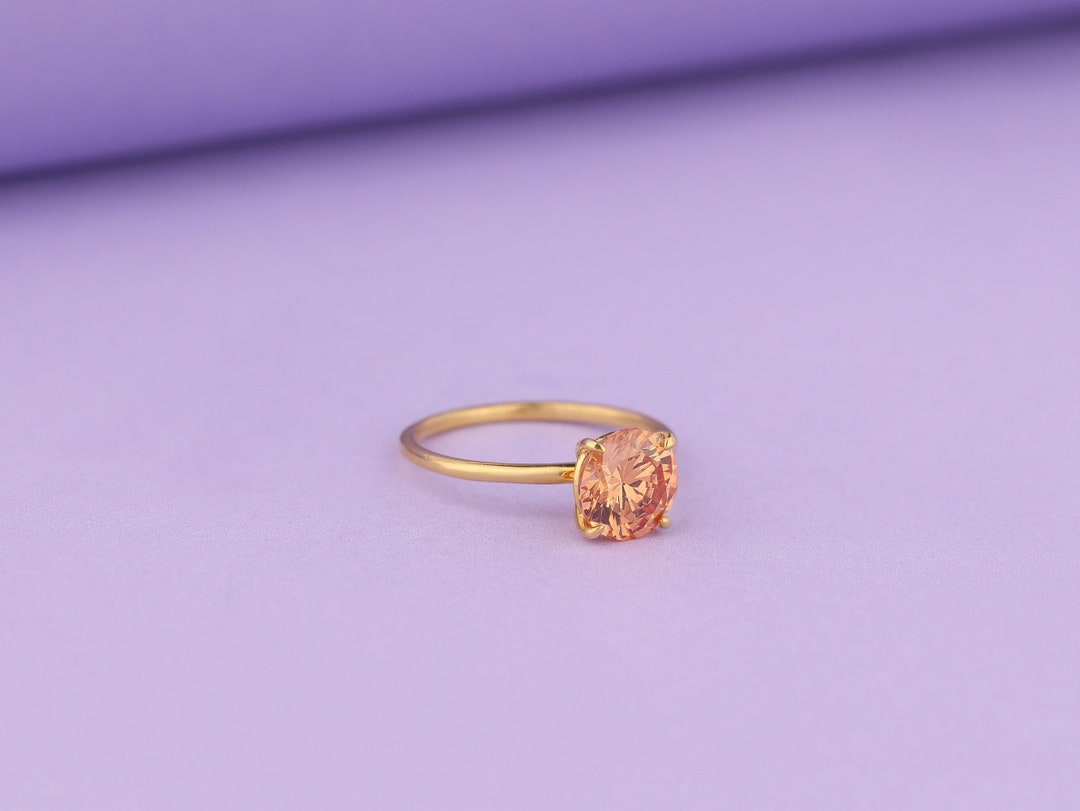 Round Cut Orange Gemstone Ring in 14K Solid Gold, Minimalist Solitaire ...