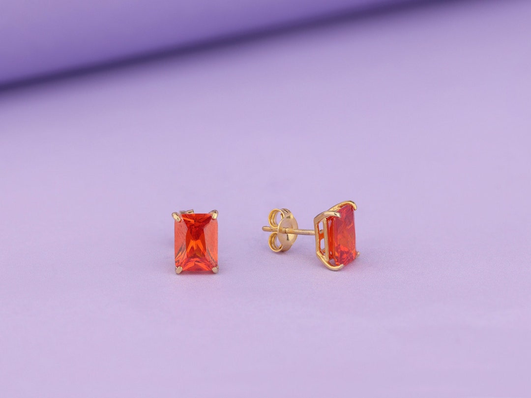 14K Gold Radiant Cut Fire Opal Earrings, Engagement Jewelry, Solitaire ...