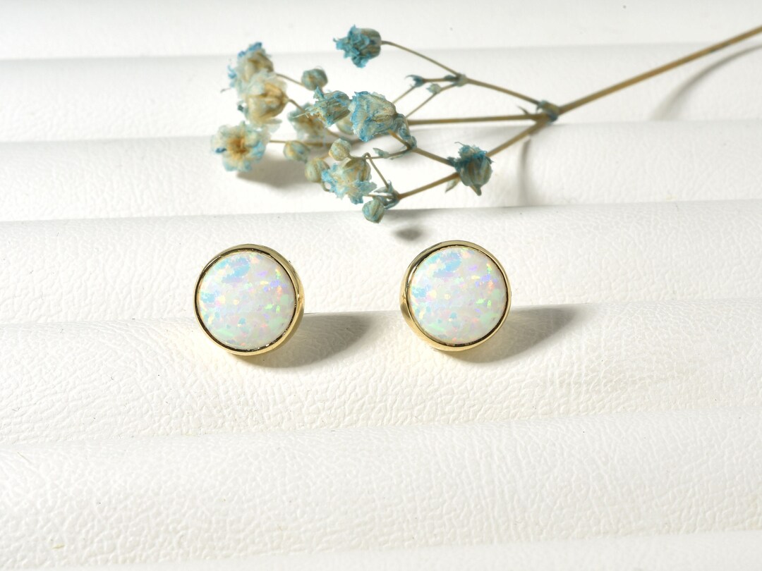 Round Genuine Opal Stud Earrings in Silver or 14K Gold, White Opal Earrings for Sister, October ...