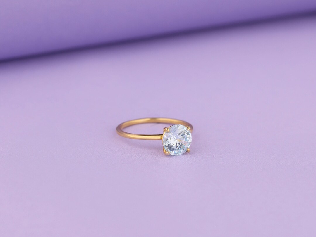 Round Cut Light Blue Diamond Ring in 14K Solid Gold, Minimalist ...