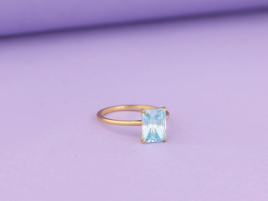 14K Gold Radiant Cut Blue Gemstone Ring, Engagement Ring for Women ...