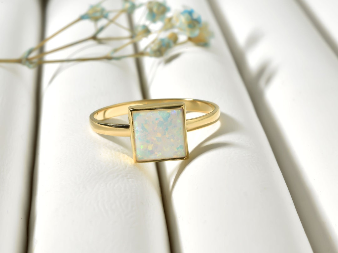 Natural White Opal Square Ring in Silver or 14K Gold, Dainty Engagement ...