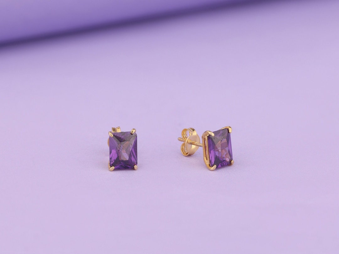 14K Gold Radiant Cut Amethyst Earrings, Engagement Jewelry, Solitaire ...