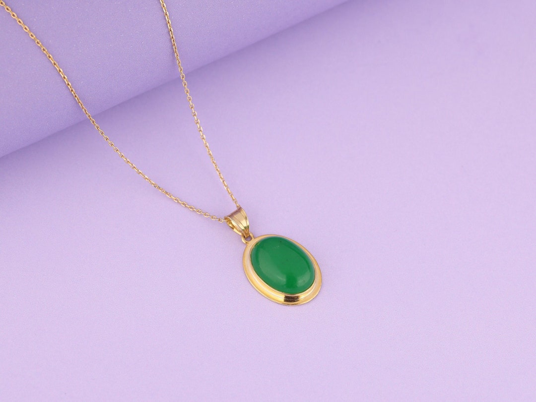 Green Jade Necklace in 14k Gold and Silver, Oval Gemstone Necklace ...